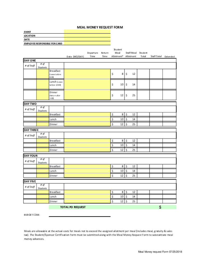 Fillable Online MEAL MONEY REQUEST FORM Fax Email Print - pdfFiller