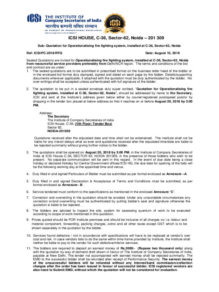 Fillable Online ICSI HOUSE, C-36, SECTOR-62, NOIDA -201309 Tender No ...