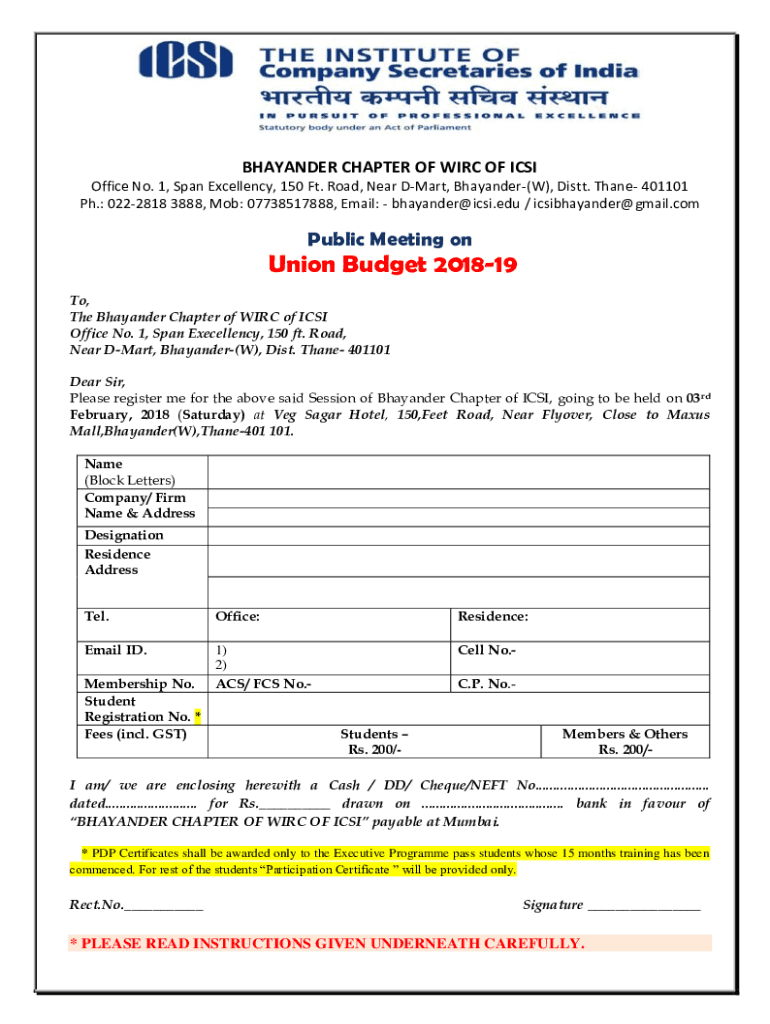 Fillable Online BHAYANDER CHAPTER OF WIRC OF ICSI Office No. 1, Span Excellency, 150 Ft ... Fax ...