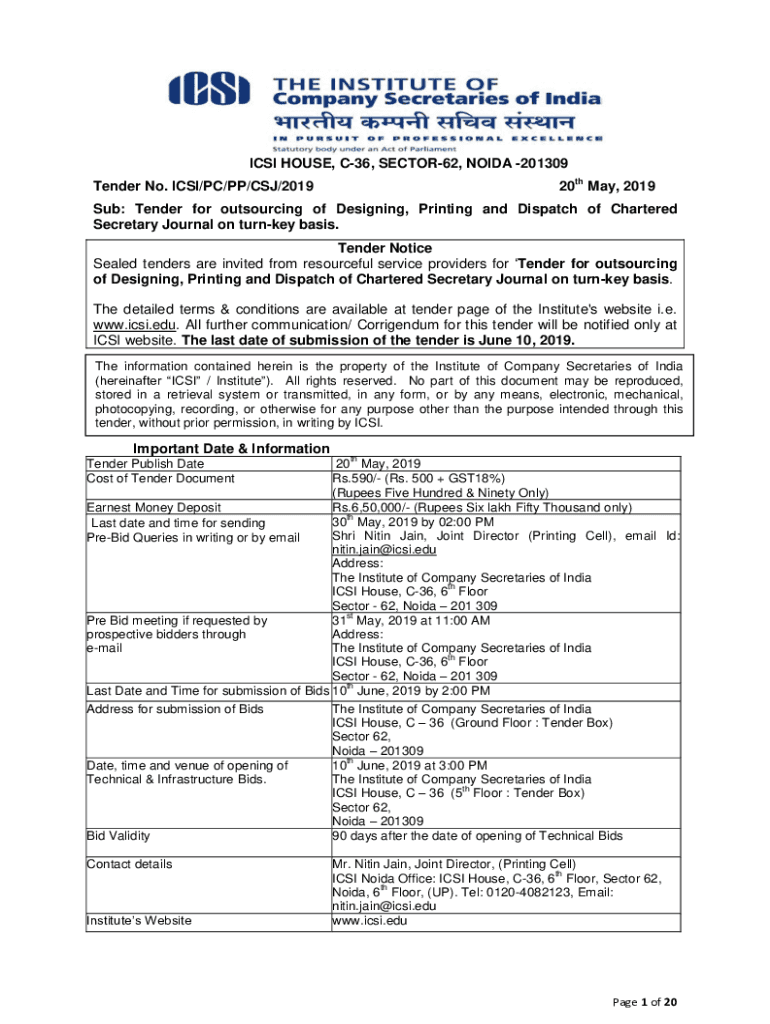 Fillable Online Sub: Tender for outsourcing of Designing, Printing and ...