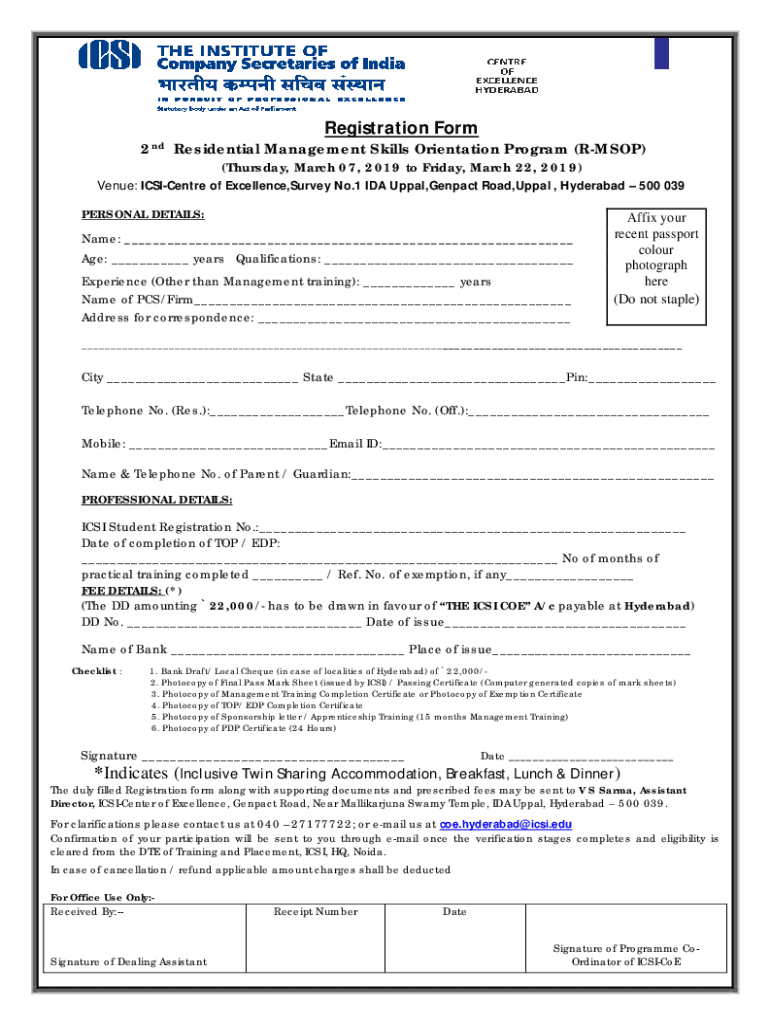 Fillable Online Registration Form 2nd Residential Management Skills ...
