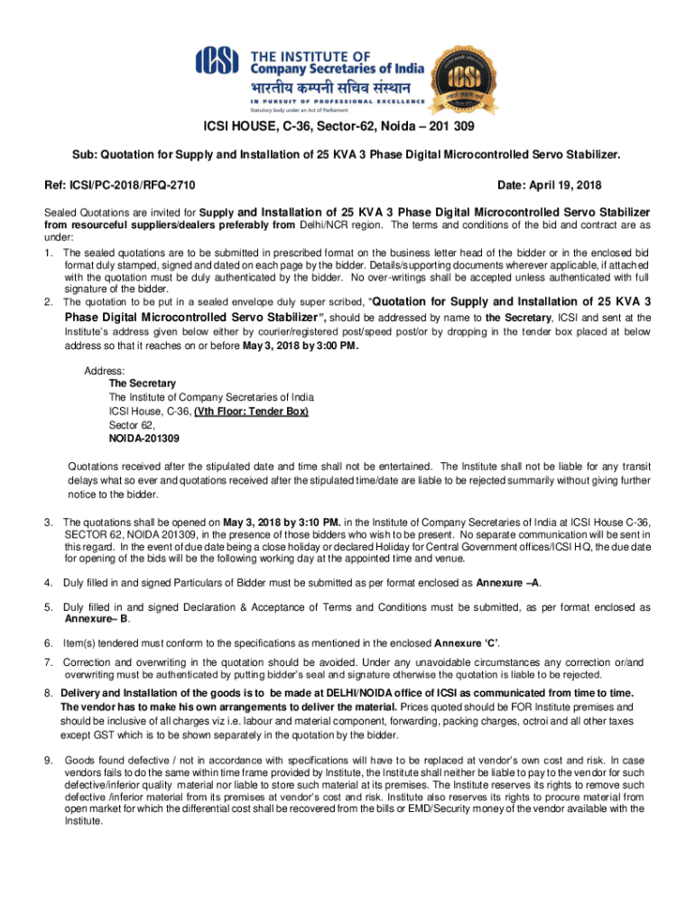 Fillable Online Quotation for Supply and Installation of 25 KVA 3 Phase ...