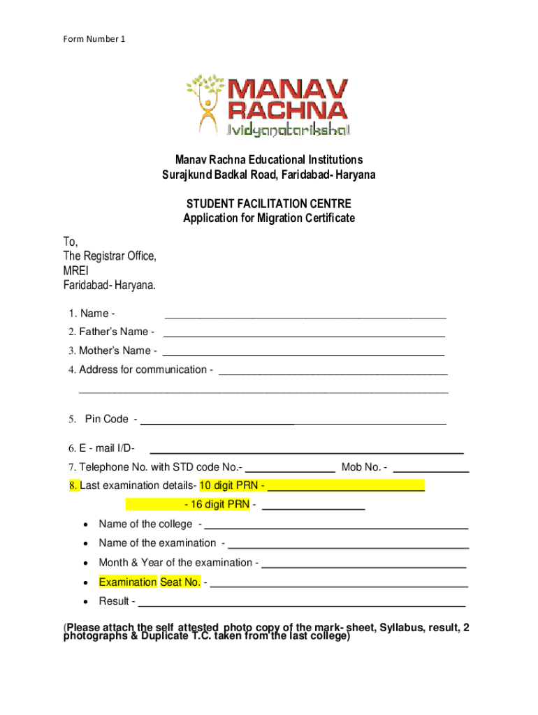 Fillable Online Application for Migration Certificate - Manav Rachna Fax Email Print - pdfFiller