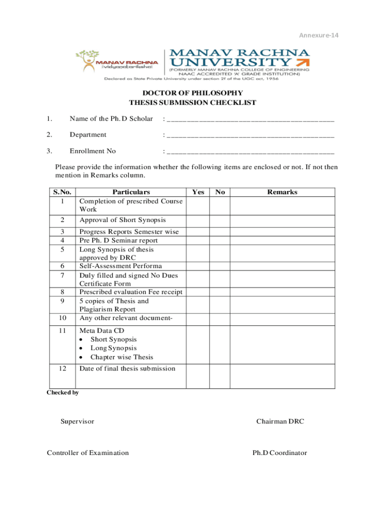 Fillable Online A-14-Checklist-Thesis-Submission.pdf - Manav Rachna Fax ...