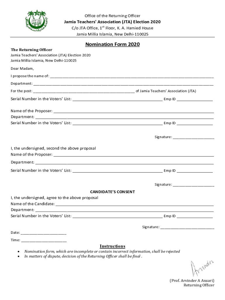 Fillable Online Nomination Form 2020 - Jamia Millia Islamia Fax Email Print - pdfFiller