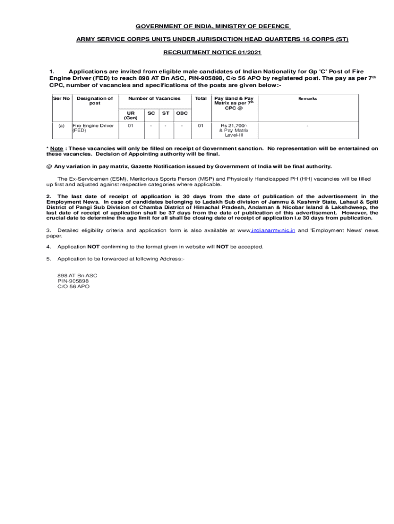 Fillable Online indianarmy.nic.inRect16Corps180319GOVERNMENT OF INDIA, MINISTRY OF DEFENCE ARMY ...