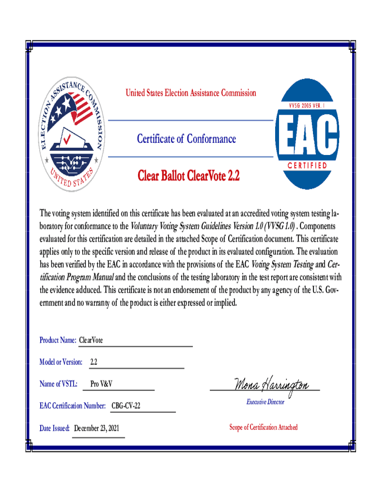 Fillable Online Clear Ballot ClearVote 2.2 Certificate and Scope of ...