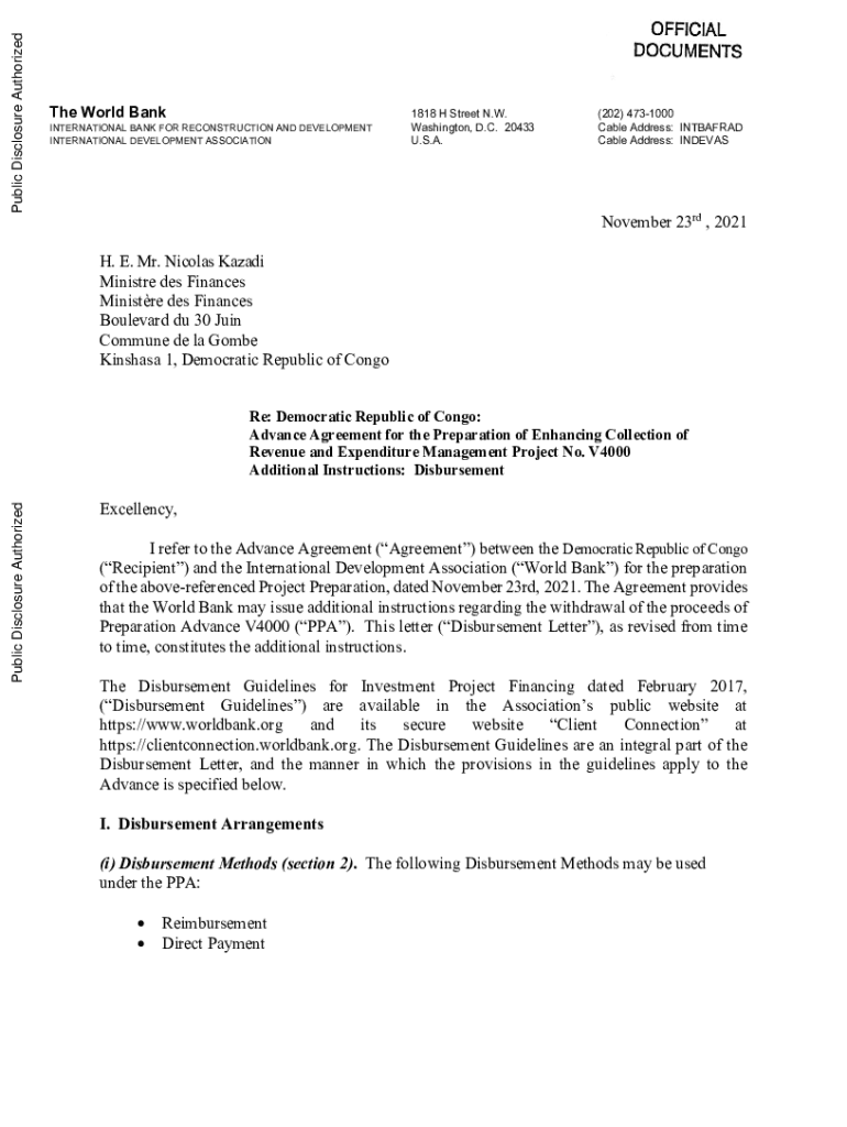 Fillable Online documents1.worldbank.org curated enRe: Democratic Republic of Congo: Advance ...