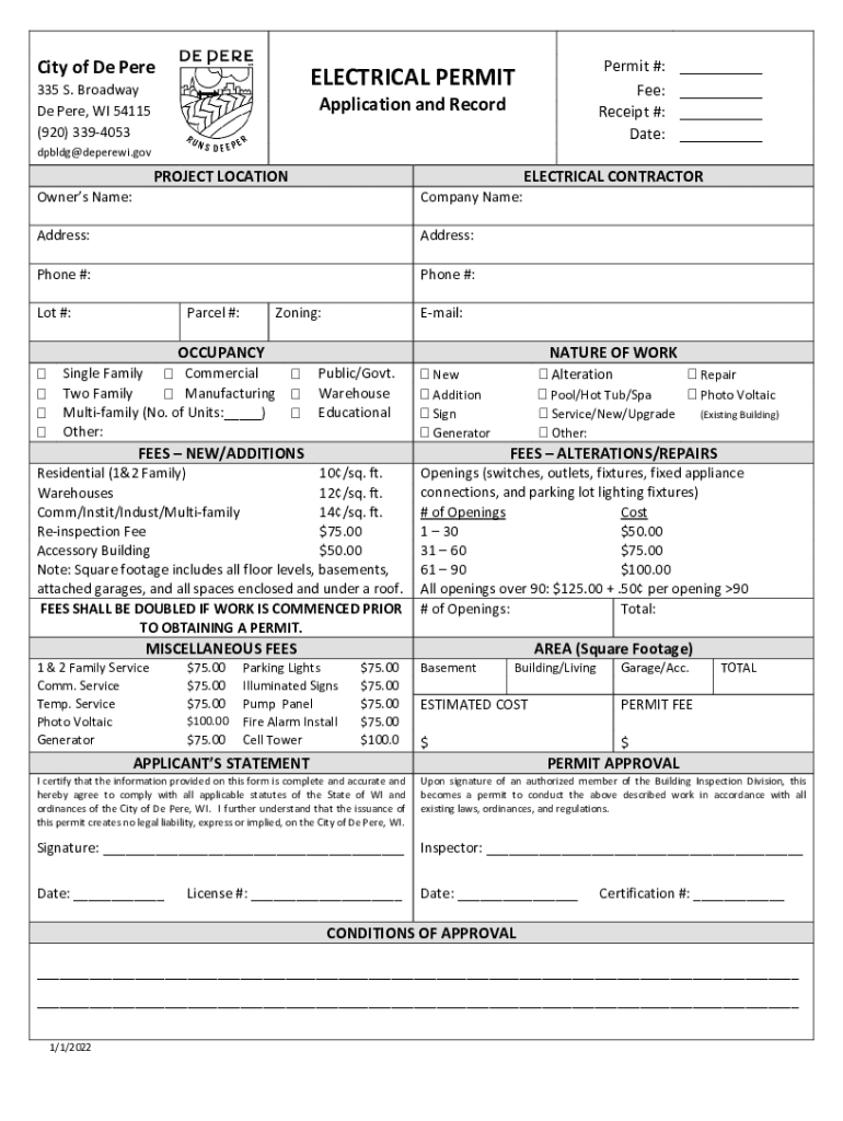 Fillable Online Electrical Permit Forms - City of De Pere, Wisconsin ...