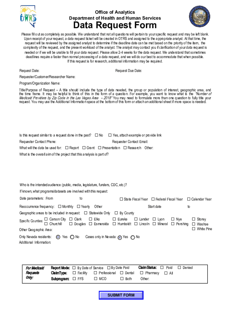 Fillable Online dhhs nv Office of Analytics - Data Request Form Fax Email Print - pdfFiller