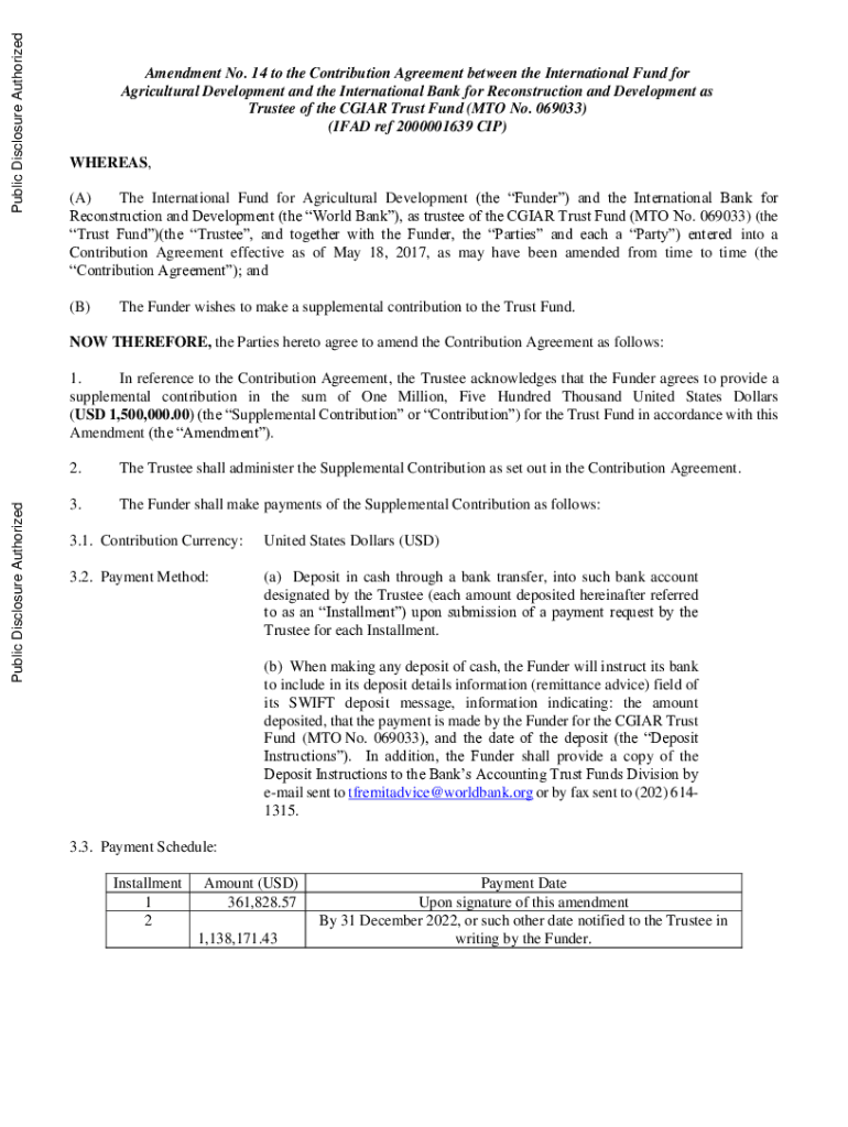 Fillable Online 14 to the Contribution Agreement between the International Fund for Fax Email ...