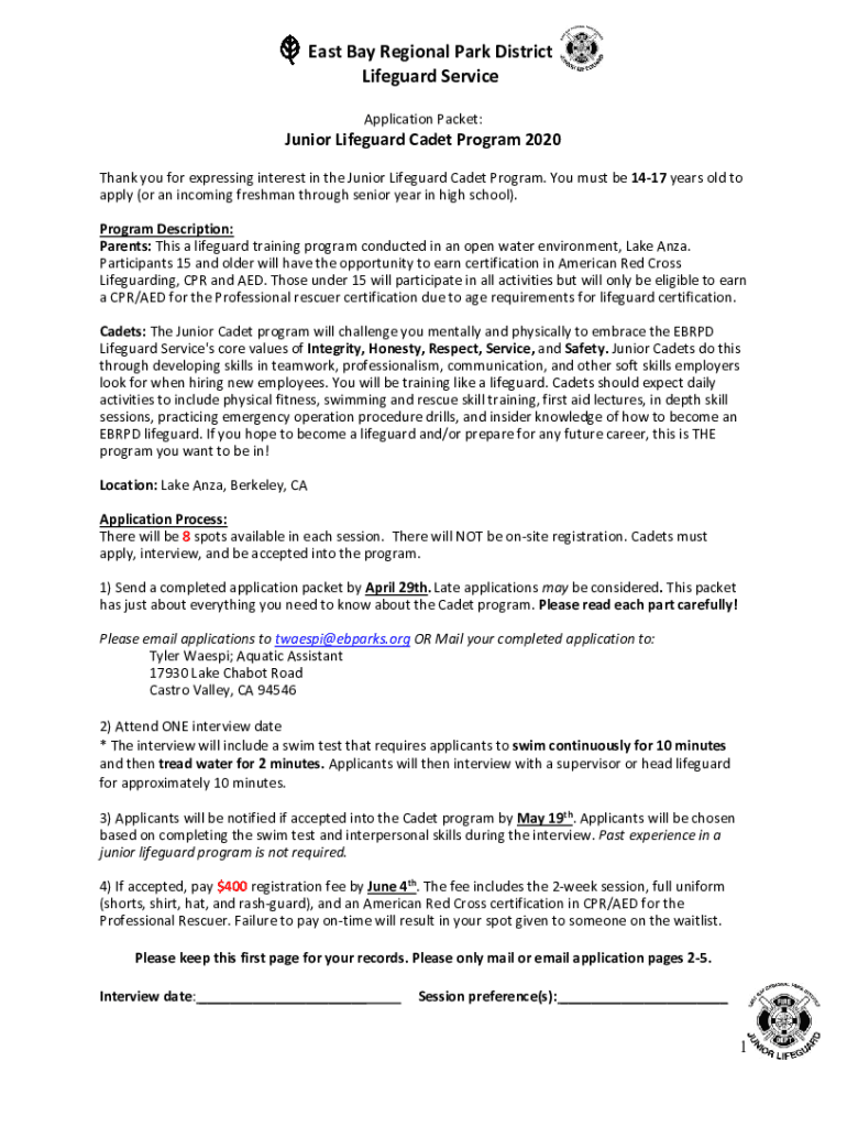 Fillable Online Aquatics Junior Cadet Application Packet 2020 Fax Email ...