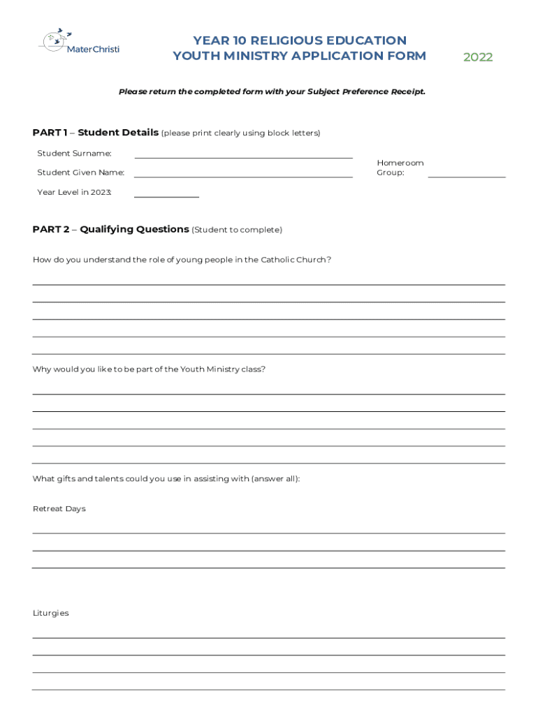 Fillable Online year 10 religious education youth ministry application ...