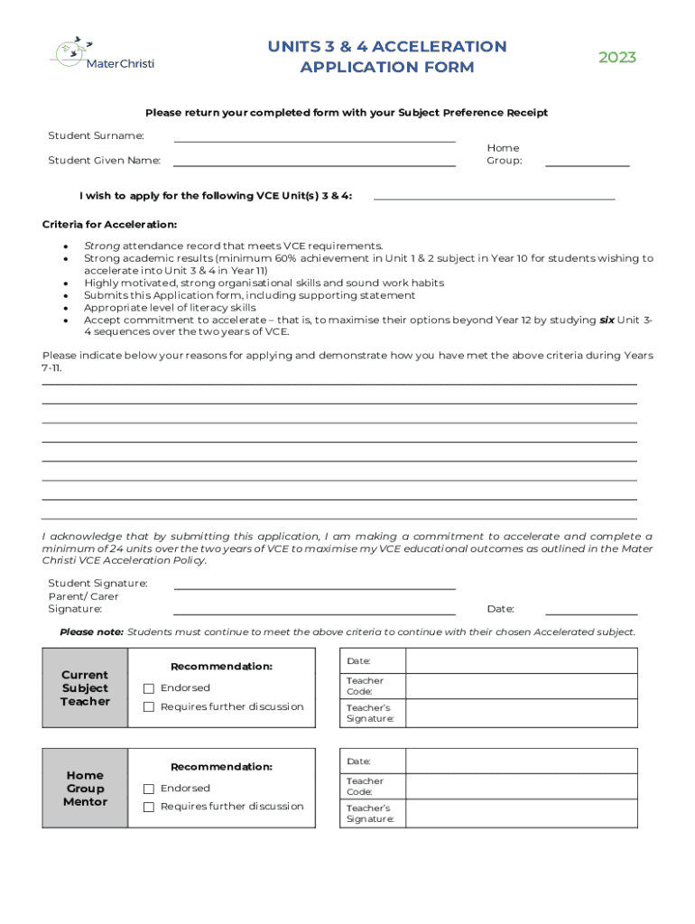 Fillable Online UNITS 3 & 4 ACCELERATION APPLICATION FORM 2023 Fax ...