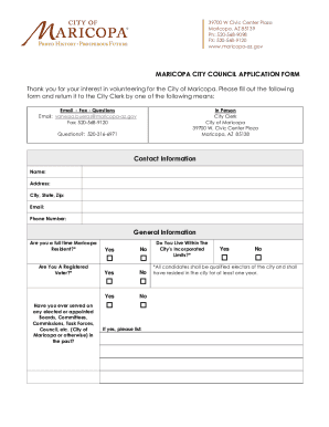 Fillable Online MARICOPA CITY COUNCIL APPLICATION FORM Contact ... Fax ...
