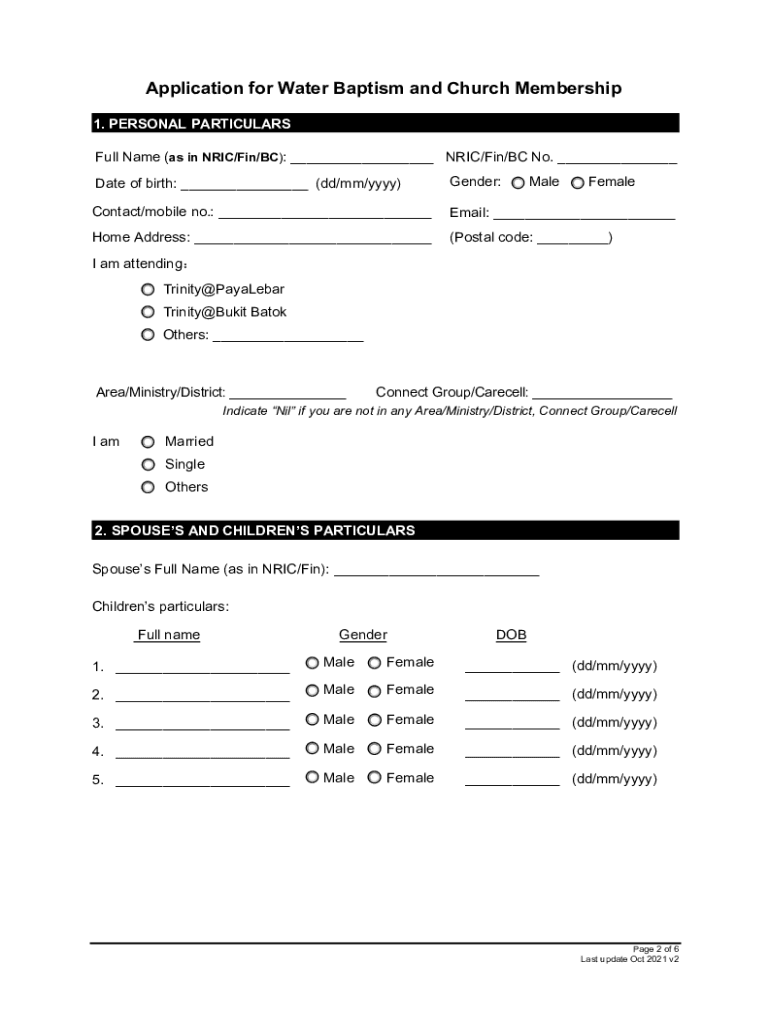 Fillable Online Water Baptism and Church Membership Application Form - TrinityWater Baptism ...