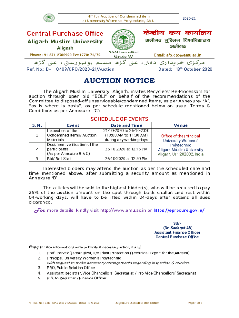 Fillable Online Auction Auction Notice For Condemned Items At Depa ...