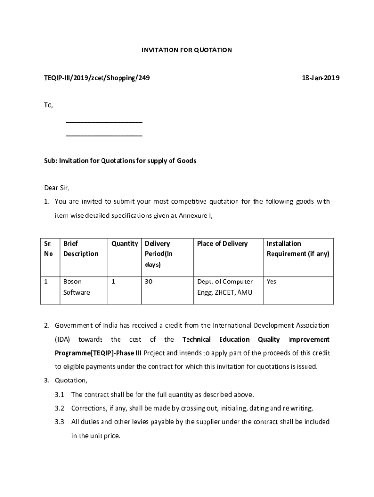 Fillable Online INVITATION FOR QUOTATION TEQIP-III/2019/wits/CRS ...