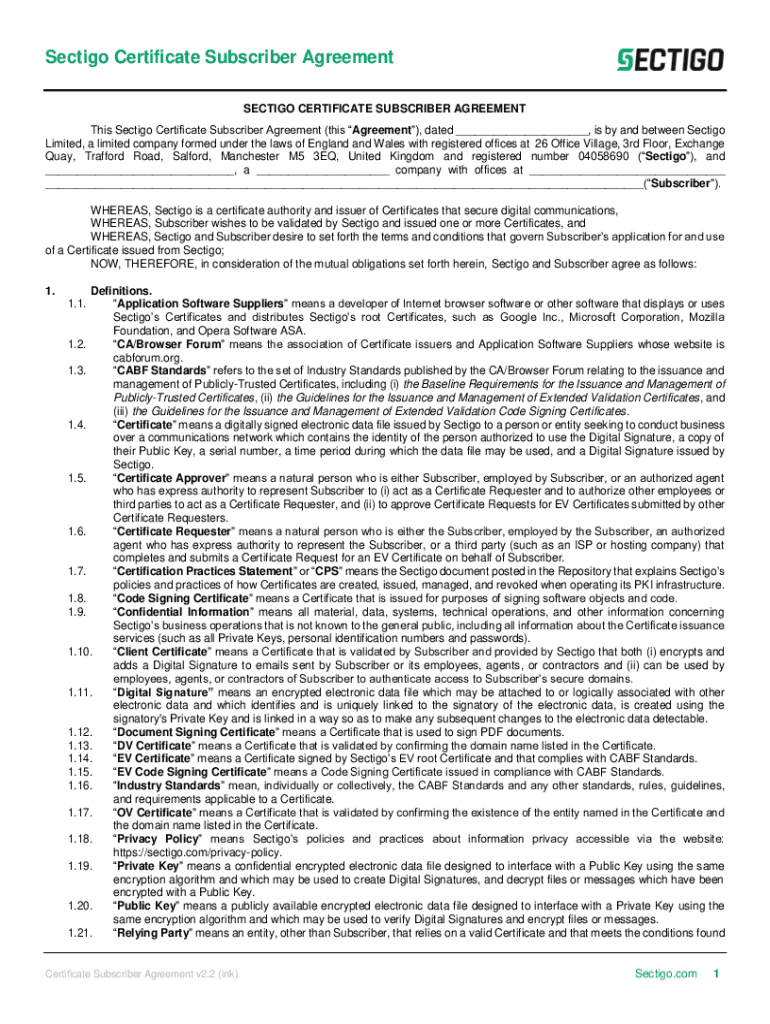 Fillable Online Sectigo Certificate Subscriber Agreement - thesslstore.com Fax Email Print ...