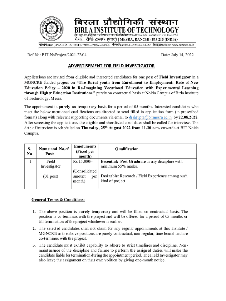 Fillable Online Revised MGNCRE - Field Investigator advt. with ...