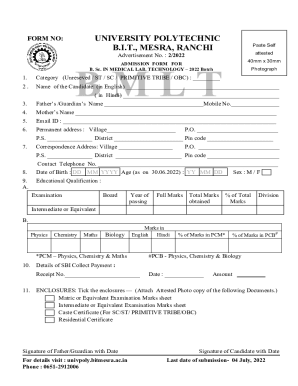 Fillable Online admission.aglasem.combit-mesra-application-formBIT ...