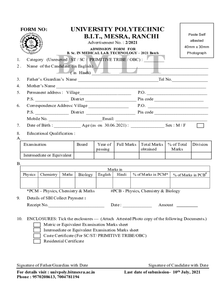 Fillable Online FORM NO: UNIVERSITY POLYTECHNIC B.I.T., MESRA, RANCHI ...