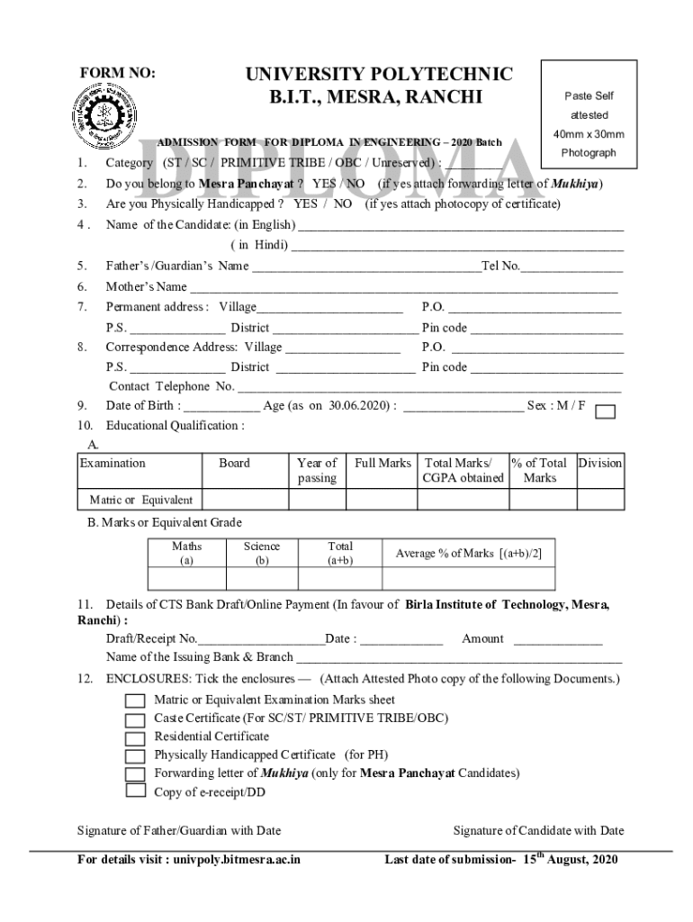 Fillable Online Welcome to University Polytechnic - Welcome to BIT MesraWelcome to BIT Mesra ...