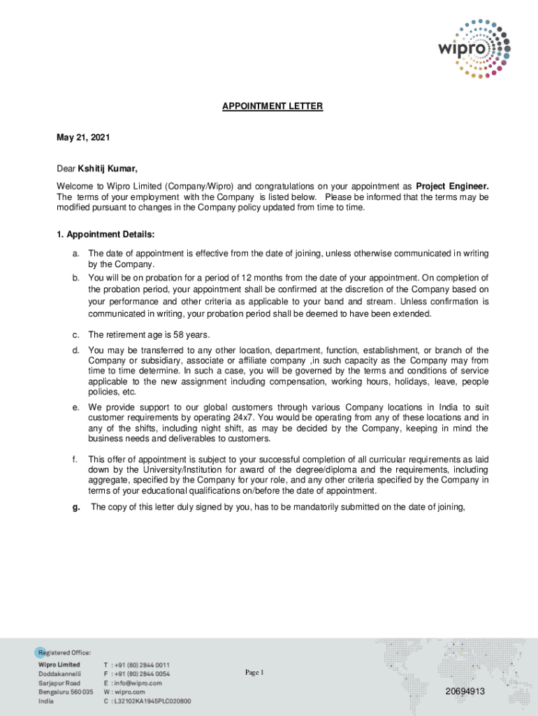 Fillable Online KANISHKAR H - Wipro Offer Letter.pdf - APPOINTMENT ...