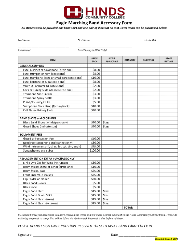 Fillable Online Eagle Marching Band Accessory Form Fax Email Print ...