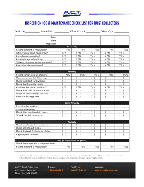 Fillable Online INSPECTION LOG & MAINTENANCE CHECK LIST FOR DUST ...