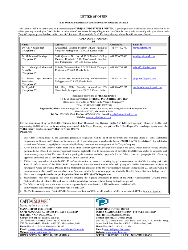 Fillable Online Letter of Offer - BSE Fax Email Print - pdfFiller