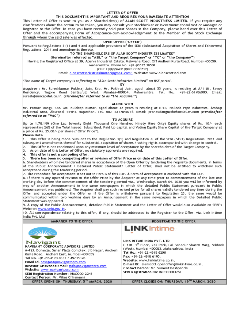 Fillable Online letter of offer - BSE Fax Email Print - pdfFiller