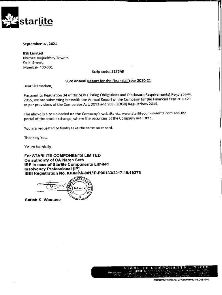 Fillable Online STARLITE COMPONENTS LIMITED - Company Profile ...