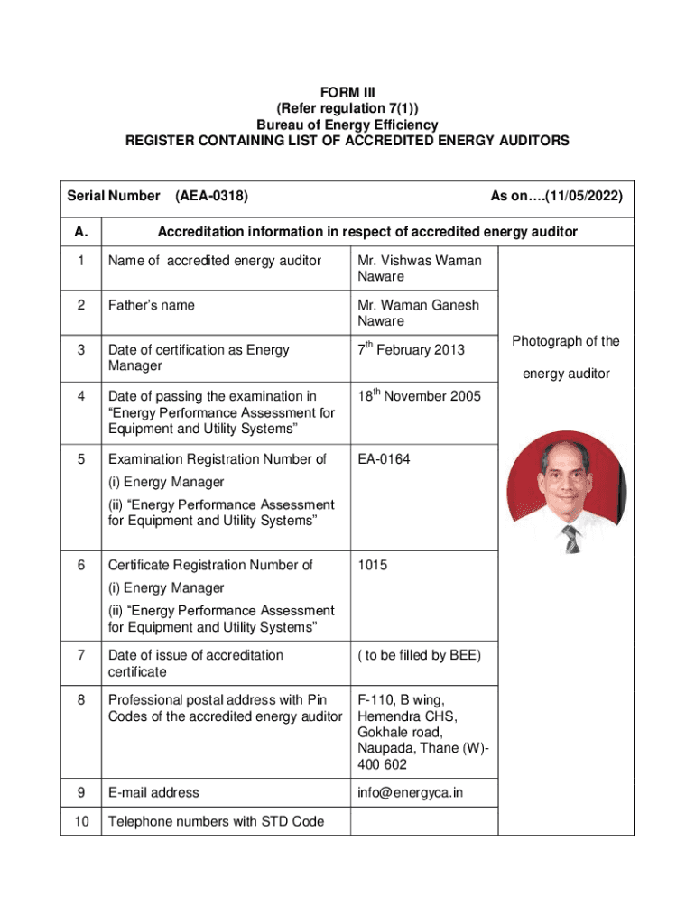 Fillable Online FORM III (Refer regulation 7(1)) Bureau of Energy Efficiency REGISTER ... Fax ...