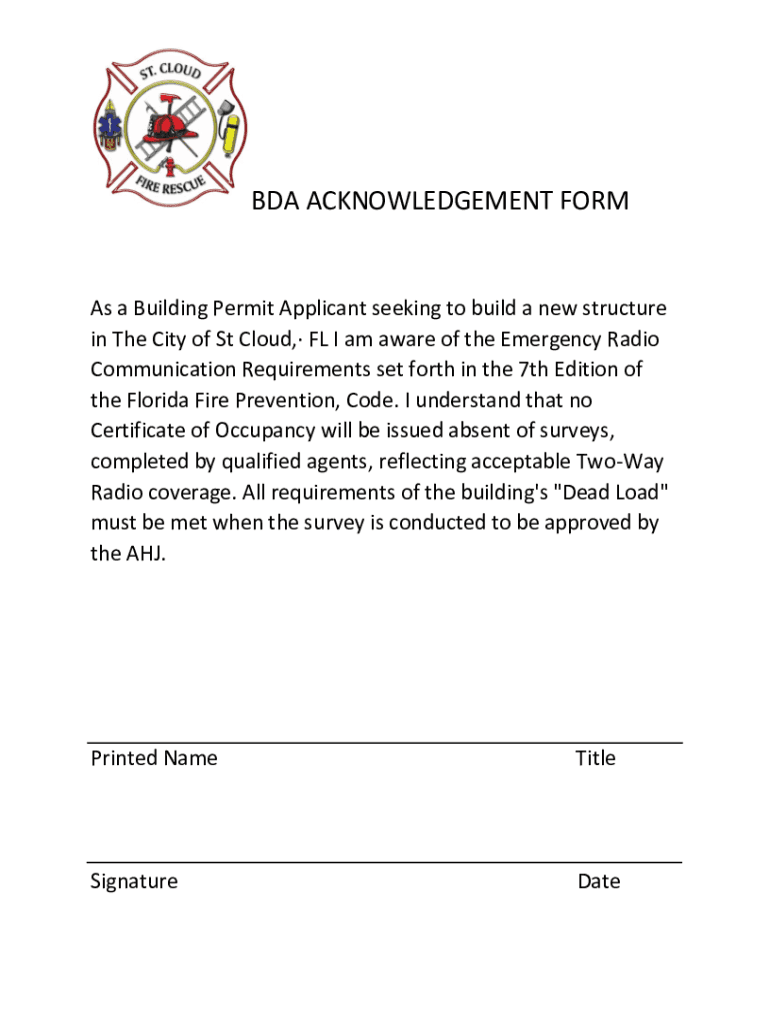 Fillable Online BDA ACKNOWLEDGEMENT FORM Fax Email Print - pdfFiller