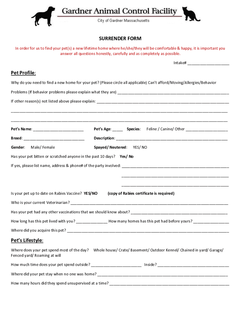 Pet Surrender - Fill Online, Printable, Fillable, Blank | pdfFiller