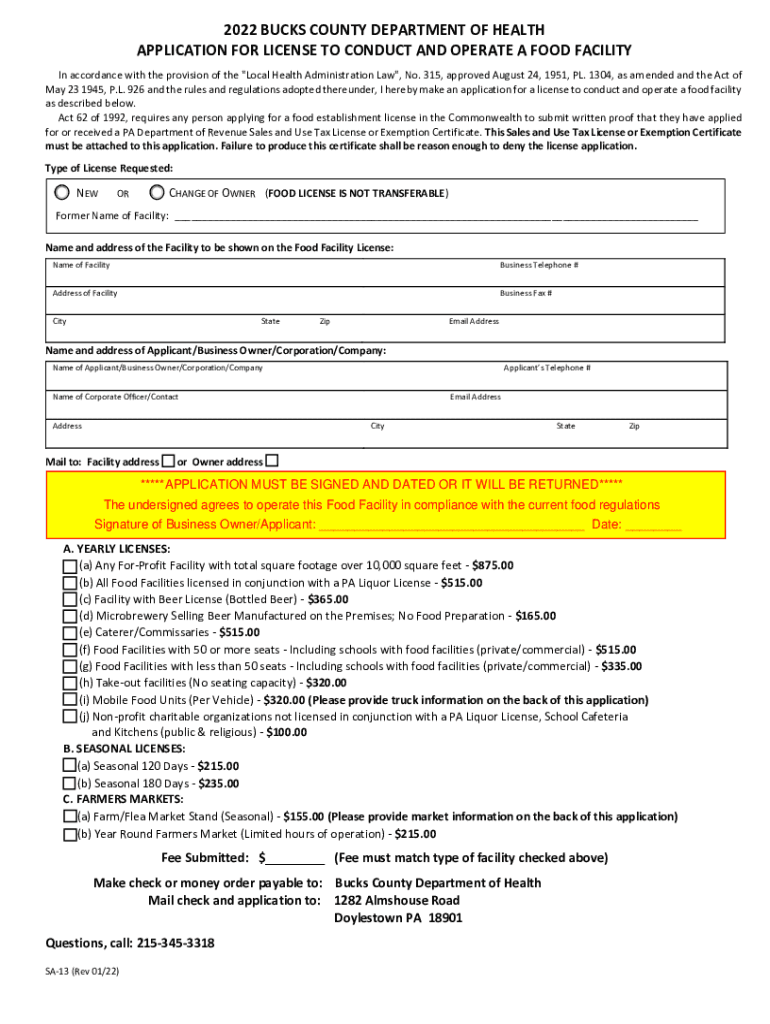 2022 BUCKS COUNTY DEPARTMENT OF HEALTH APPLICATION: Fill out & sign ...