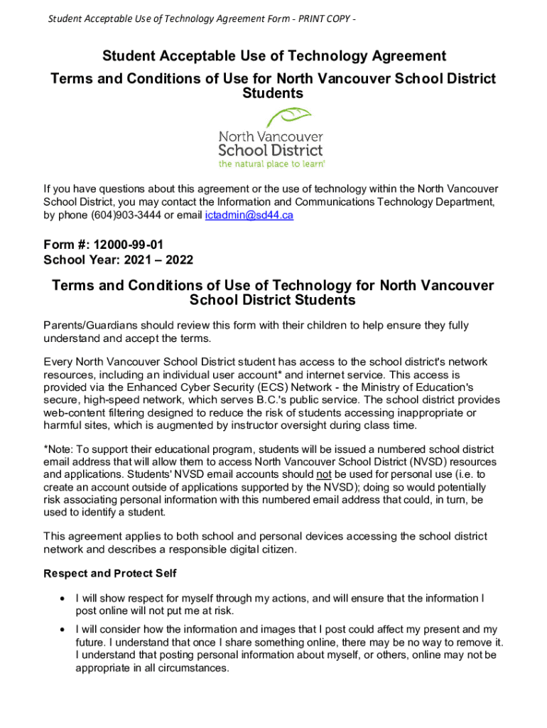 Fillable Online 11+ Student Technology Use Agreement Templates in ...