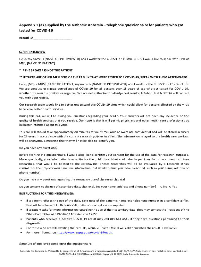 Fillable Online Appendix 1 (as supplied by the authors): Anosmia ...