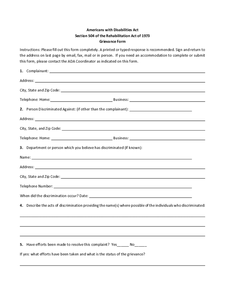 Fillable Online Americans with Disabilities Act (ADA), Section 504, and ...