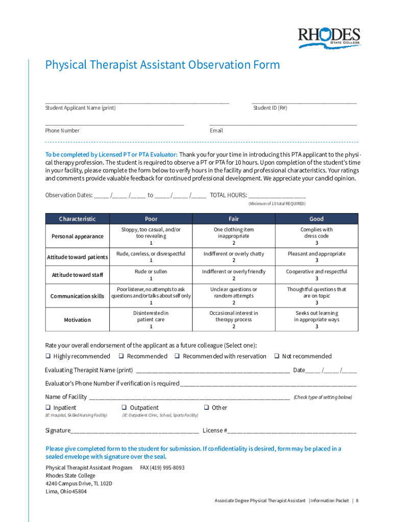 Fillable Online Physical Therapist Assistant Observation Form Fax Email ...