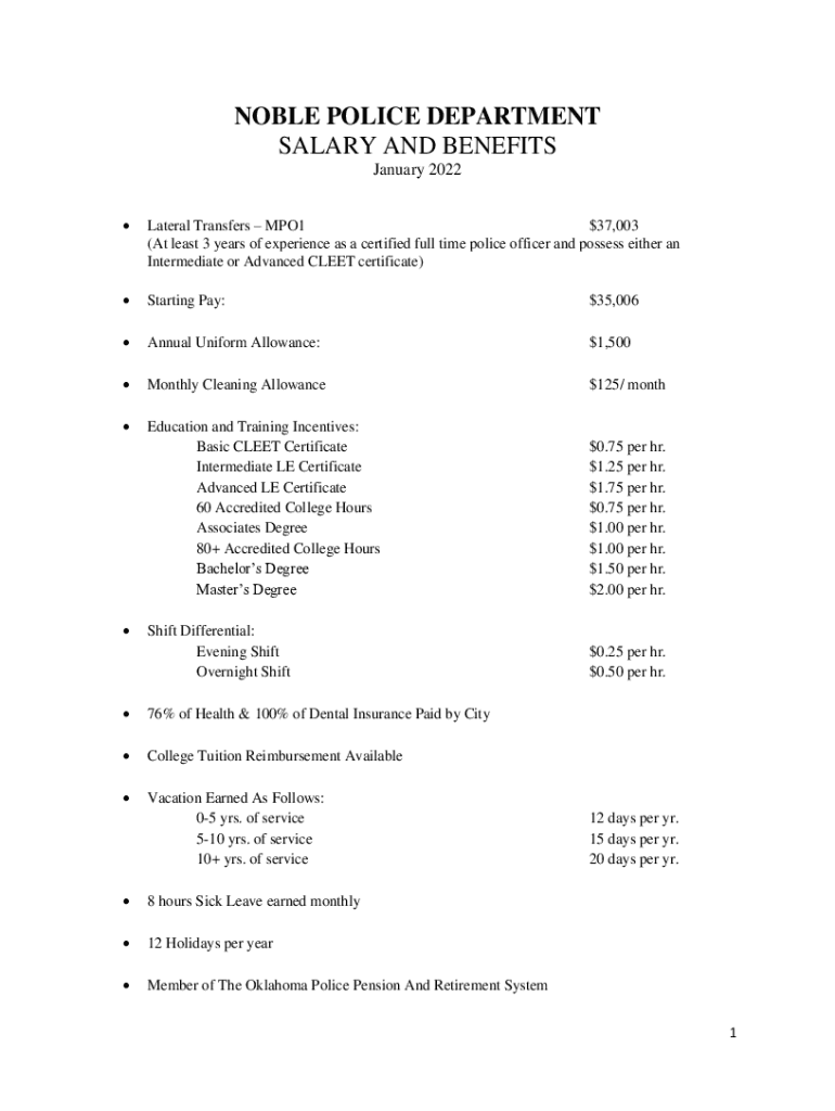 Fillable Online NOBLE POLICE DEPARTMENT SALARY AND BENEFITS Fax Email ...