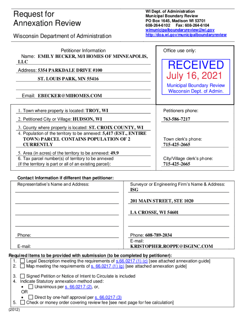 Fillable Online DOA Department Review of Annexations - Wisconsin Fax ...