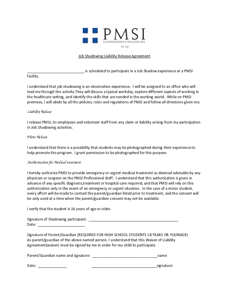 Fillable Online Job Shadowing Liability Release Agreement and consent ...