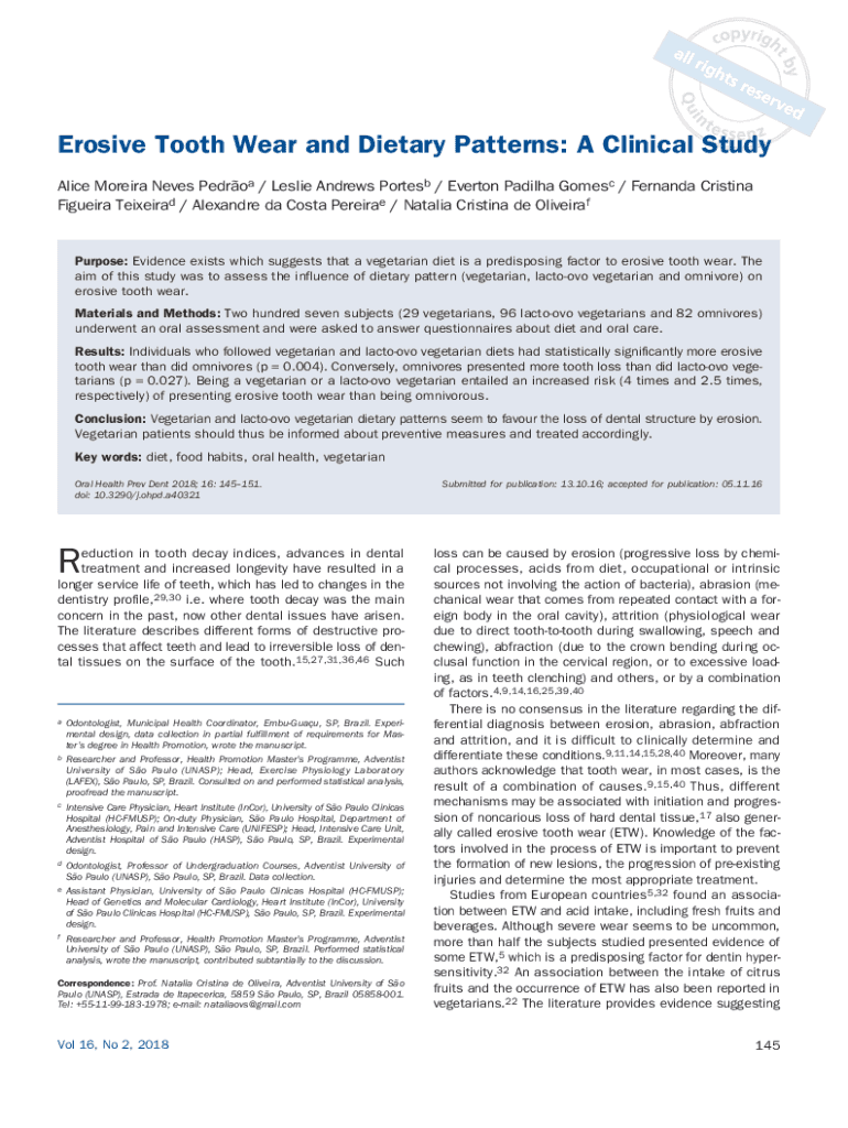 Fillable Online Erosive Tooth Wear and Dietary Patterns: A Clinical ...