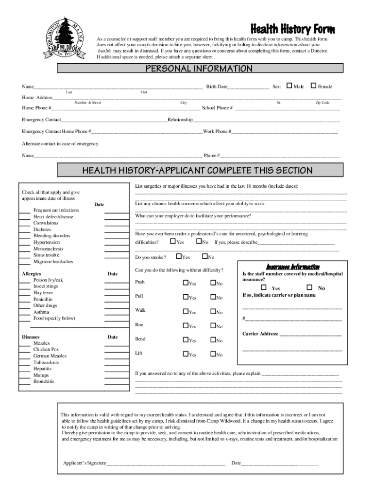 Fillable Online Camp Counselors USA - Health History Form - Fill and Sign Printable ... Fax ...