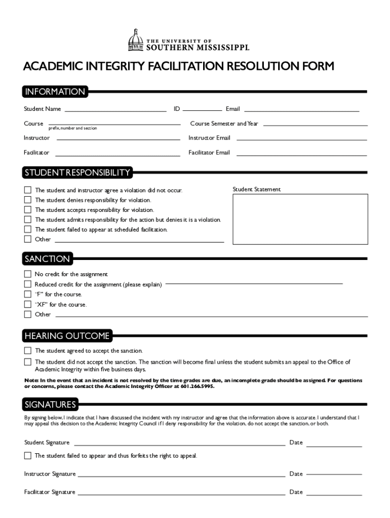 Fillable Online ACADEMIC INTEGRITY FACILITATION RESOLUTION FORM Fax Email Print - pdfFiller