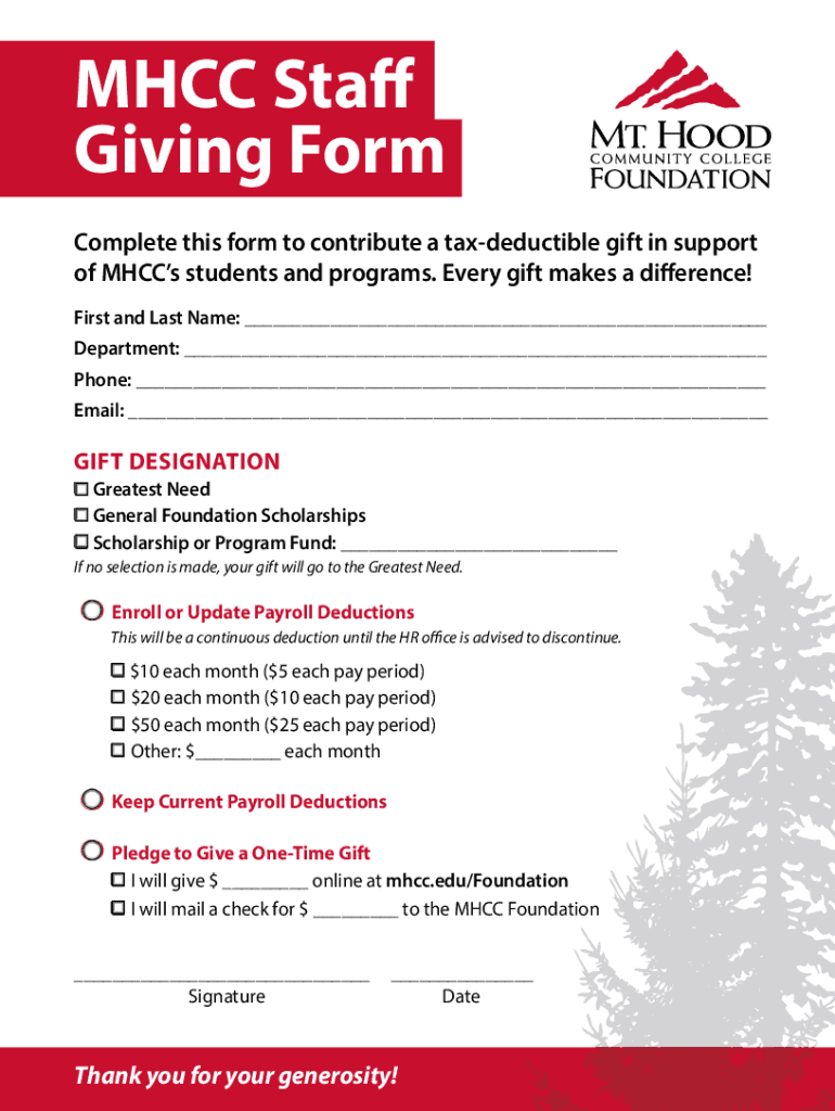 Fillable Online mhcc.edumhcc-staff-giving-formMHCC Staff Giving Form Fax Email Print - pdfFiller