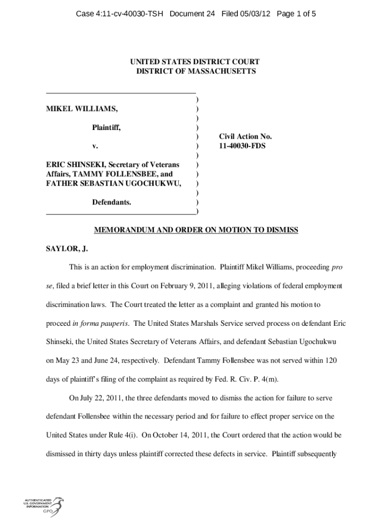 Fillable Online Case 4:11-cv-40030-TSH Document 24 Filed 05/03/12 Page ...