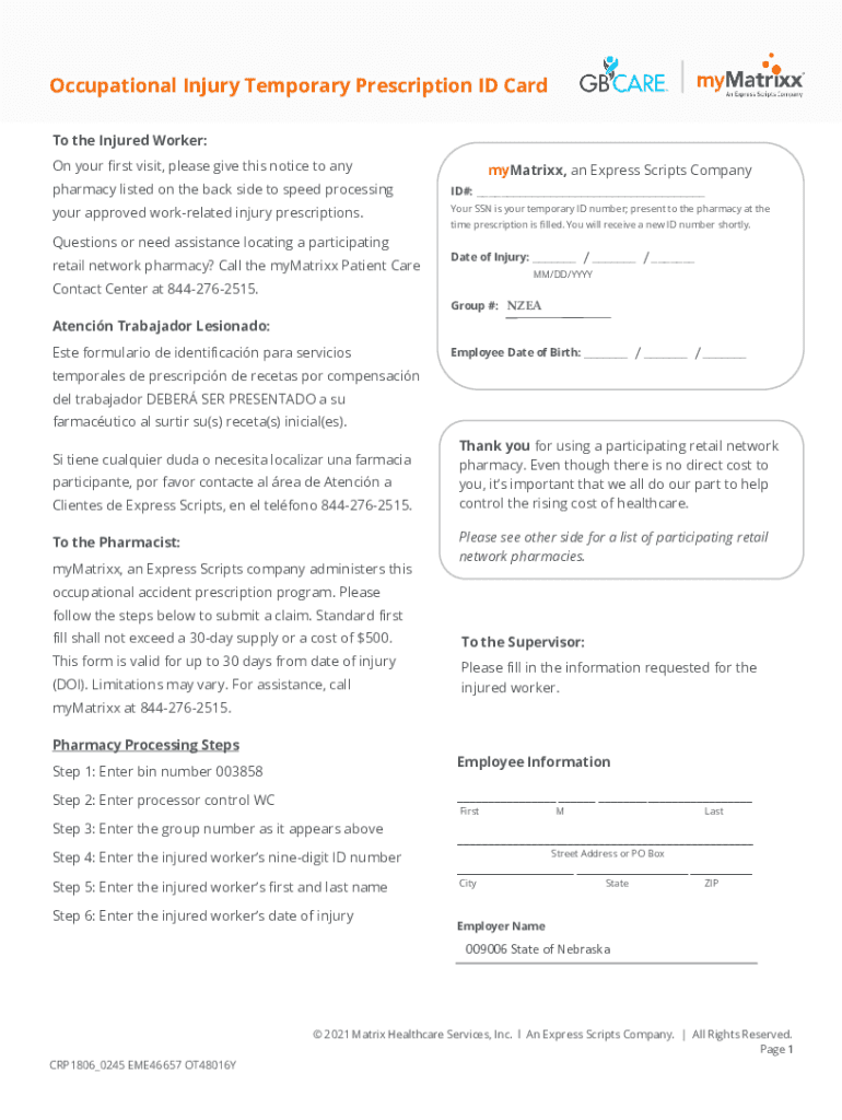 Fillable Online hr unl Occupational Injury Temporary Prescription ID ...